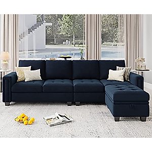 Belffin Velvet Reversible Sectional Sofa with Chaise Convertible L Shaped 4-seat Sectional Couch with Storage Ottoman Blue