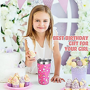 Shellwei 2 Pack Kids Cups with Lids and Straws Toddler Smoothie Cup with Rainbow Unicorn Pattern Leak Proof Spill Proof Straw Cups for Girls Stainless Steel Insulated Tumbler for Hot Drink (12 oz)