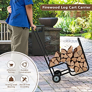 Safstar Firewood Log Cart Carrier, 2.9ft/35” Height Wood Rack Storage Mover w/2 Rubber Wheels & Ergonomic Handle, Heavy-Duty Steel Fireplace Log Carrier Mover, Rolling Firewood Cart for Indoor Outdoor