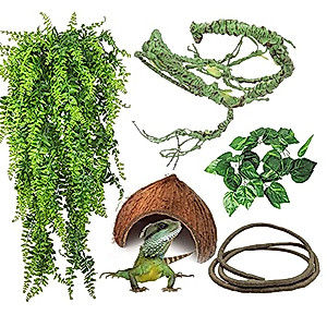 Tfwadmx Reptile Vines Plants Flexible Jungle Climbing Vine Gecko Coconut Coco Shell Hut Terrarium Plastic Plant Lizard Tank Accessories Habitat Decor for Gecko,Snake,Hermit Crab