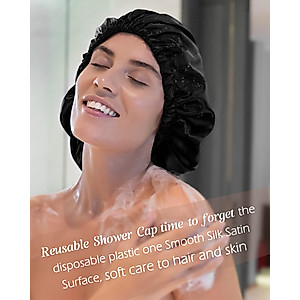 Yanibest Shower Cap for Women - Hair Satin Bonnet Shower Cap for Men Waterproof Extra Large Double Layer Reusable Adjustable for Braids Long Hair (Large,Black)