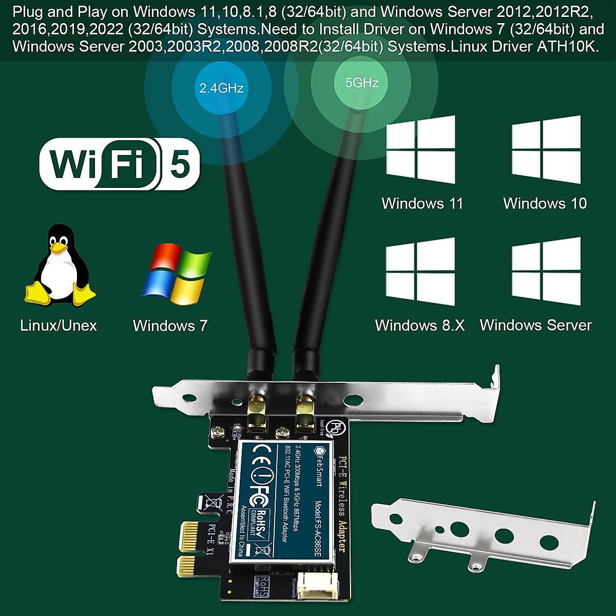 FebSmart Wireless-AC Dual Band 1200Mbps (2.4GHz 300Mbps and 5GHz 867Mbps) PCI Express WiFi Card for Windows XP, 7, 8.x, 10, 11 (32/64bit) and Windows Server Desktop PCs, PCIE WiFi Adapter (FS-AC86SE)