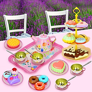KMUYSL Tea Party Set for Little Girls, Kitchen Pretend Toy for Kids 3 4 5 6 Year Old, Girls Toys with Tin Tea Set, Desserts & Carrying Case, Christmas Easter Gift for Girls