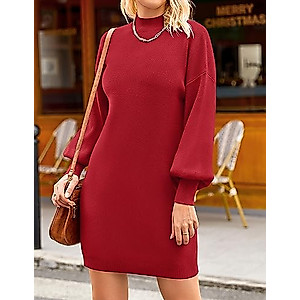ZESICA Women's 2023 Fall Turtleneck Sweaters Dress Oversized Long Lantern Sleeve Casual Knit Pullover Short Dresses,Red,Small