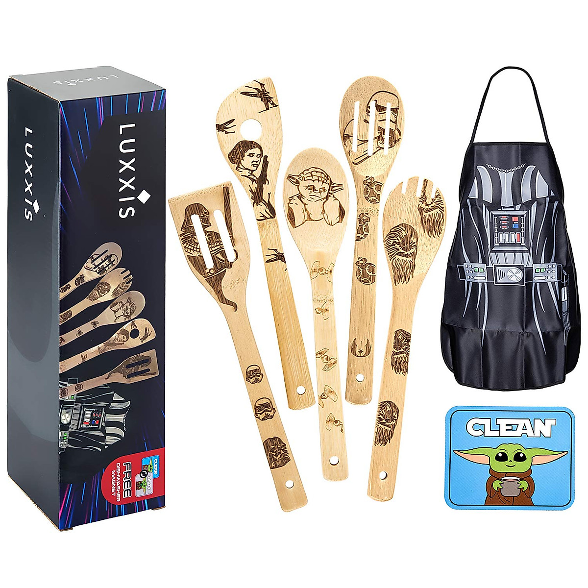 Luxxis Star Wars Gifts Kitchen Accessories Bamboo Cooking Utensils 7PC Set- 5X Organic Bamboo Spoons, 1X Kitchen Apron, 1X Dishwasher Magnet – Premium Cookware and Apron –Adorable Double-Sided Magnet