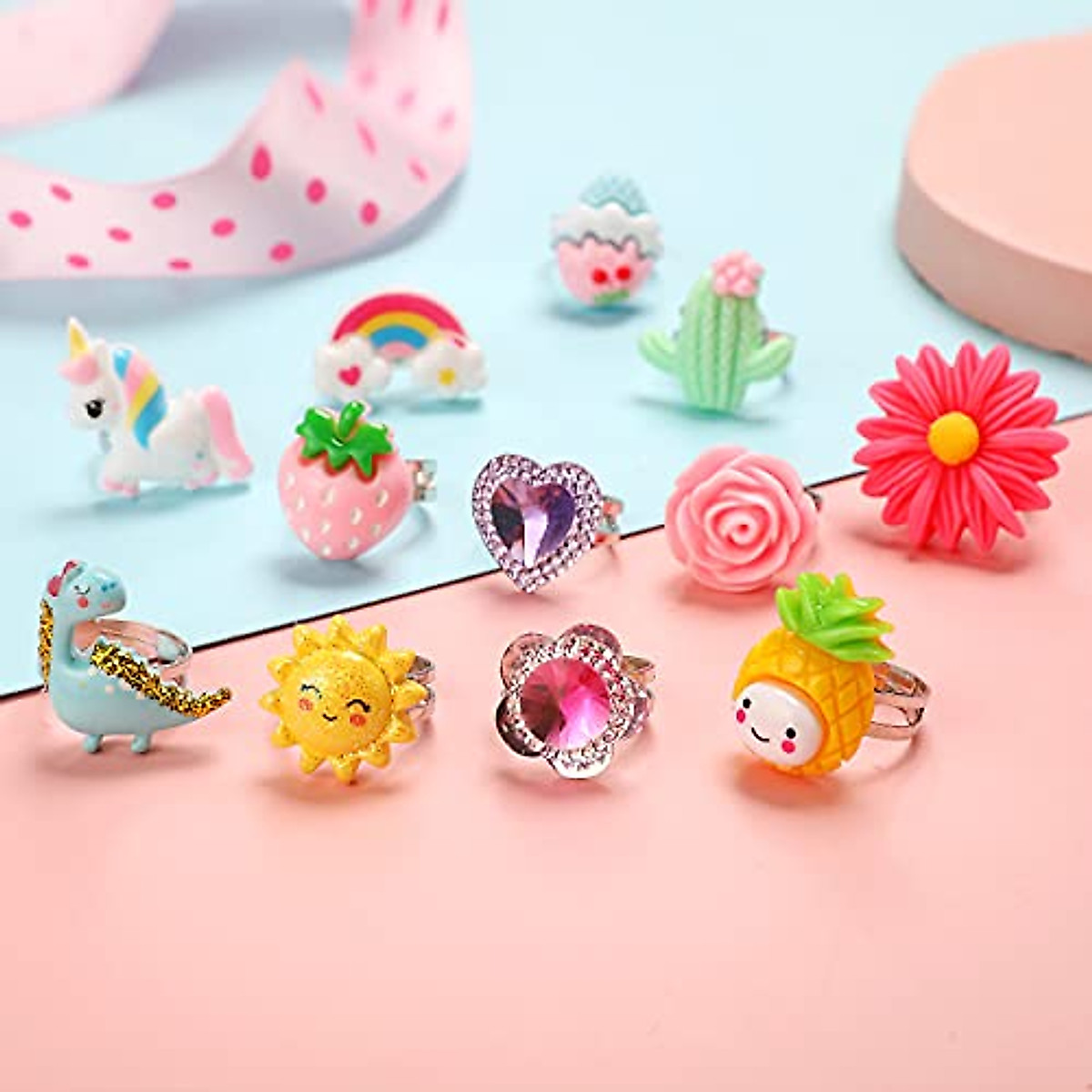 PinkSheep Little Girl Jewel Rings in Box, Adjustable, No Duplication, Girl Pretend Play and Dress Up Rings (24 Lovely Ring)