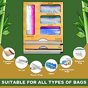 Seek&Perceive 6in1 Food Storage Bag Organizer, Baggie Organizer For Drawer-Foil and Plastic Wrap Organizer with Cutter-Bamboo Kitchen Organizers Compatible with Gallon,Quart,Snack,Sandwich and 12"Roll