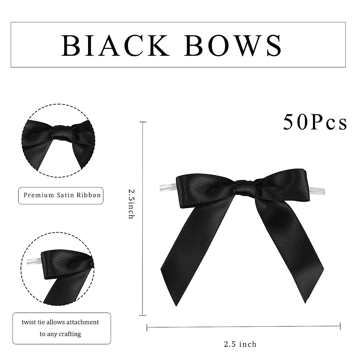 Satin Ribbon Black Bow Decor 2.5" Premade Pink Twist Tie Bows for Gift Wrapping Black Bow for Treat Bags Party Favors Wedding Decorations - 50 Counts