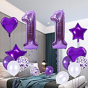 Maigendoo 11 Number Balloon Set Digit Balloons Latex Balloon Confetti Balloon Heart Star Moon Foil Mylar Balloon with Swirl Decorations for 11th Birthday Party Graduation Anniversary Event, Purple