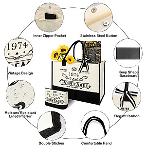 50th Birthday Gifts for Women Canvas Tote Bag Travel Gear, Unique 50 Years Old Gifts for Wife Sister Mom Aunt Friends Her Turning 50, Vintage 1974 Beach Bag & Cosmetic Bag & Back in 1974 Poster