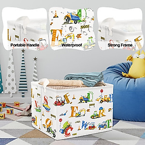 Clastyle Large Alphabet Construction Car Book Shelf Basket Collapsible Rectangle Excavator Ambulance Monster Truck Boy Bin Clothes Toy Car Storage Basket for Kids Room Nursery
