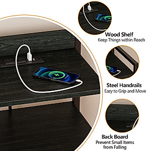 Furnulem Night Stand with Charging Station, Tall Black Dresser for Bedroom, Nightstand with Led Light, Bed Side Table for Living Room, Fabric Storage Drawer, Metal Frame, Wood Furniture