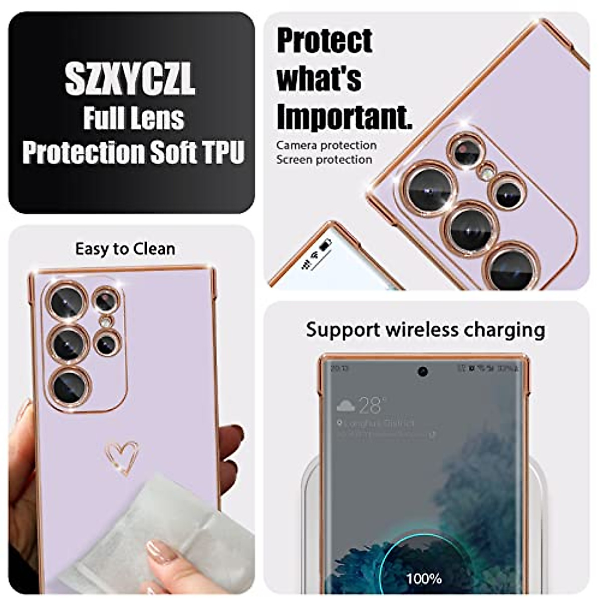 SZXYCZL Compatible with Samsung Galaxy S23 Ultra 5G Case for Women Girl with Luxury Plating Full Camera Lens Protection Cute Love Plating Edge Soft TPU Anti-Fall Case for Samsung S23 Ultra-Purple