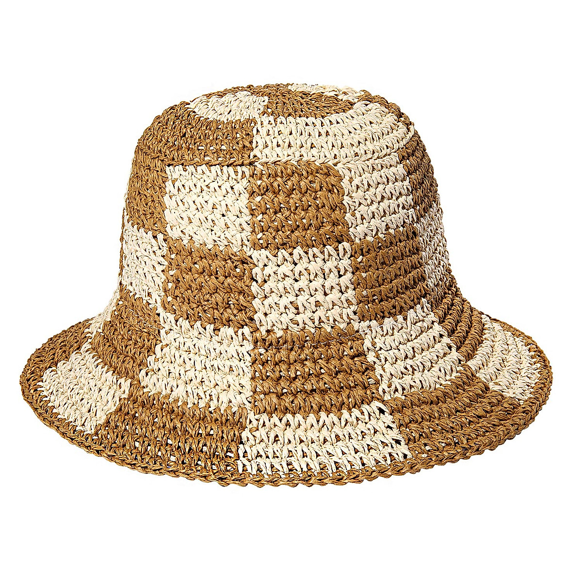 Sun Hats Checkerboard Straw Bucket Hat for Women Packable Crochet Wide Brim Floppy Beach Hats Traveling Summer Accessories (Beige)