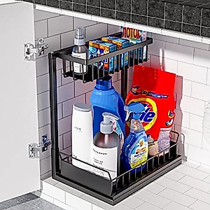 KINGPOUL under sink organizers and storage-2Tier organization and storage Slide Out Pull Out cabinet organizer Drawers L-Shape Under Kitchen Bathroom Sink Organizers and Storage(Black)