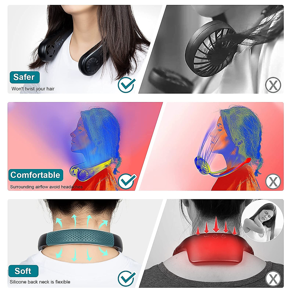 IREENUO Portable Neck Fan, Hands Free Wearable Bladeless Neckband Fan, 3 Speeds Surround Necklace USB Rechargeable Fan, Cooling Hanging Fan for Traveling Sports Office (Black)