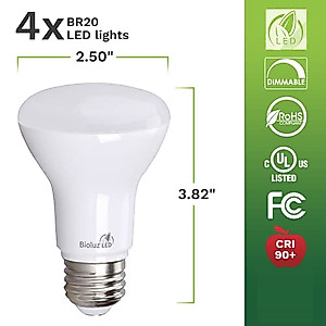 Bioluz LED 4 Pack BR20 LED Bulb 3000K Bright Soft White 6W = 50 Watt Replacement 90 CRI 540 Lumen Indoor/Outdoor UL Listed CEC Title 20 Compliant (Pack of 4)