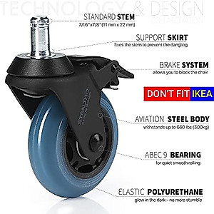 STEALTHO Patented Replacement Office Chair Caster Wheels Set of 5 - with 2 Brakes - Protect Your Floor - No More Chair Mat Needed - Blue Polyurethane - Quiet Rolling Over Cables - Standard Stem 7/16
