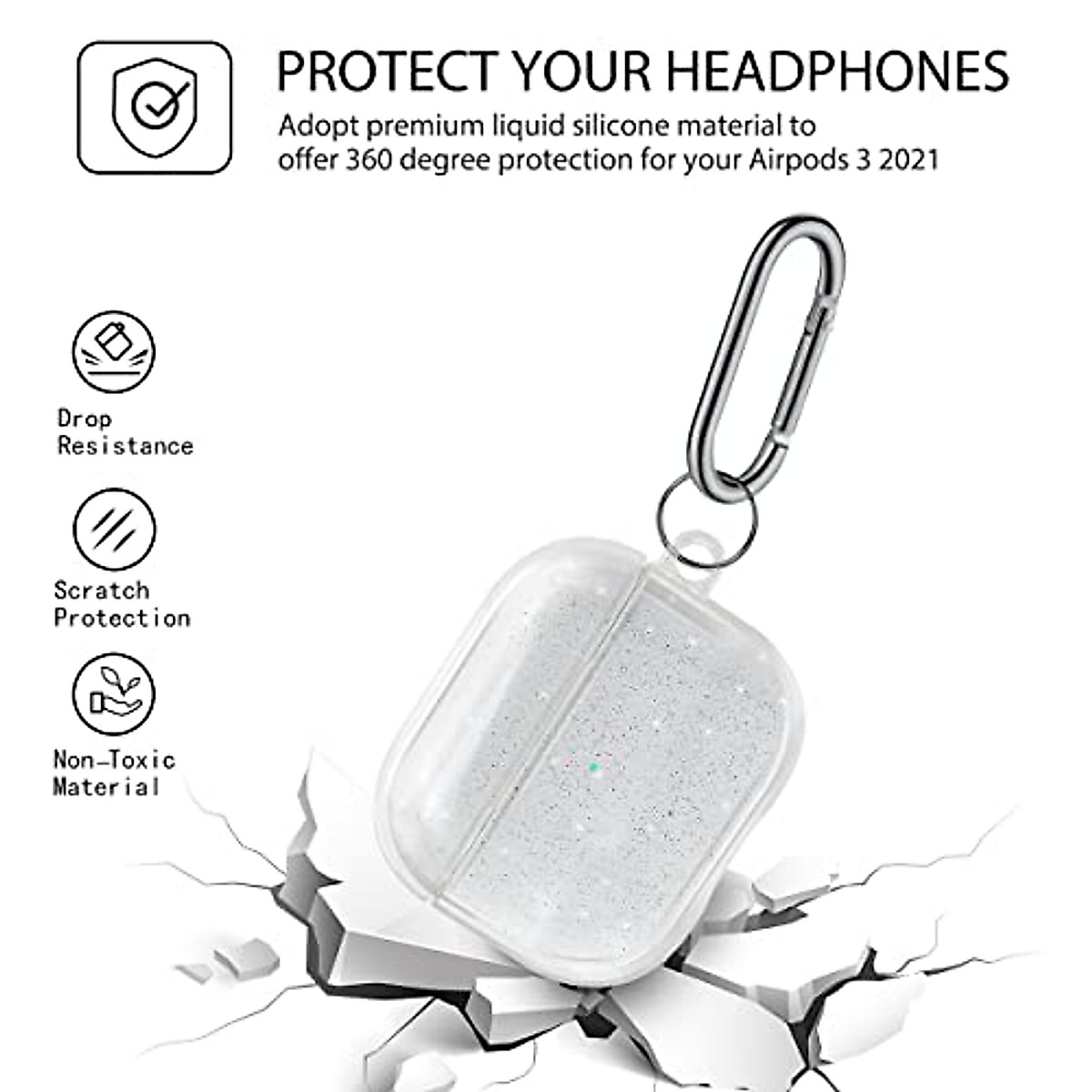 Fingic Compatible with AirPods 3 Case 2021, Full Body Protective Glitter Sparkle Shockproof Hard Cover with Keychain for AirPods 3rd Generation Charging Case - Clear/White