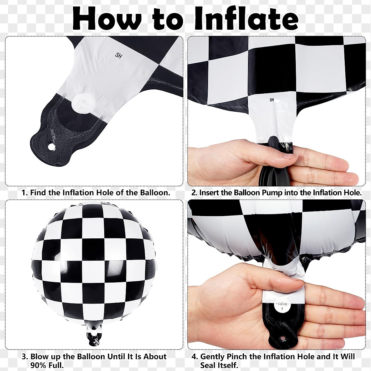 Checkered Balloons, 12 Pcs Checkered Racing Foil Balloons, 18 Inch Black and White Checkerboard Mylar Balloons for Race Car Birthday Party Supplies Decoration