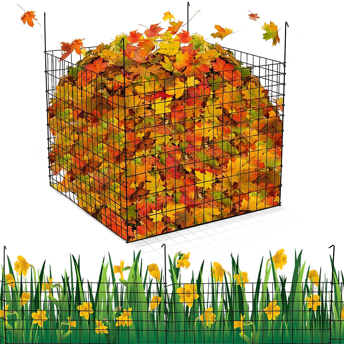 Hicarer Large Garden Wire Compost Bin 34''Lx34''Wx28''H Metal Wire Compost Bin Compost Bins Outdoor Detachable into a Fence for Organic Waste Composting Garden Leaves Fast Creation of Fertile Soil