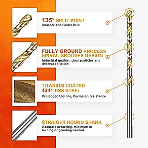 AugTouf 1/8" Titanium Drill Bits (10pcs), 4341 HSS 135° Metal Drill Bits for Wood, Metal, Steel, Plastic, Aluminum Alloy