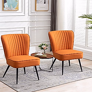 Alunaune Orange Accent Chair Set of 2 Upholstered Living Room Chairs Modern Bedroom Furniture Sets Armless Slipper Club Chair Guest Reception Couch Comfy Wingback Single Sofa