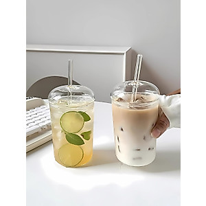 Ework4U 2 Pcs Drinking Glasses with Glass Lids and Glass Straw 16oz Glassware Set,Iced Coffee Glasses,Ideal for Water,Soda,Tea,Gift - with Cleaning Brushe