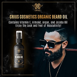 CRIUS COSMETICS Beard Oil For Men with Vitamin E, Almond, Argan, and Jojoba Oil, Enhanced Beard Growth, Soft Facial Hair, Beard and Mustache Moisturiser, Organic, GMP-Certified, Non-GMO, 2 Oz.