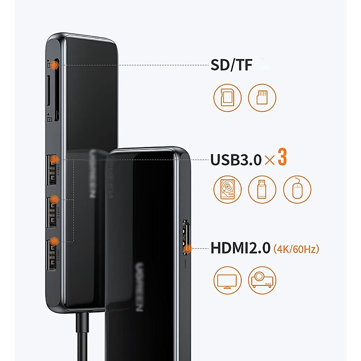 Port Expander USB C Hub Adapter 6 in 1 USB C to HDMI Adapter with 4K HDMI, 3 USB 3.0, SD/TF Card Reader for Type C Devices USB Splitter