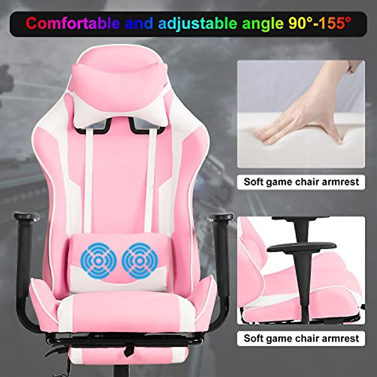 Gaming Chair Massage Office Chair PC Computer Chair Ergonomic Video Game Chairs PU Leather Recliner with Lumbar Support Headrest Armrest Footrest Rolling Swivel Desk Chair for Adults Teen, Pink