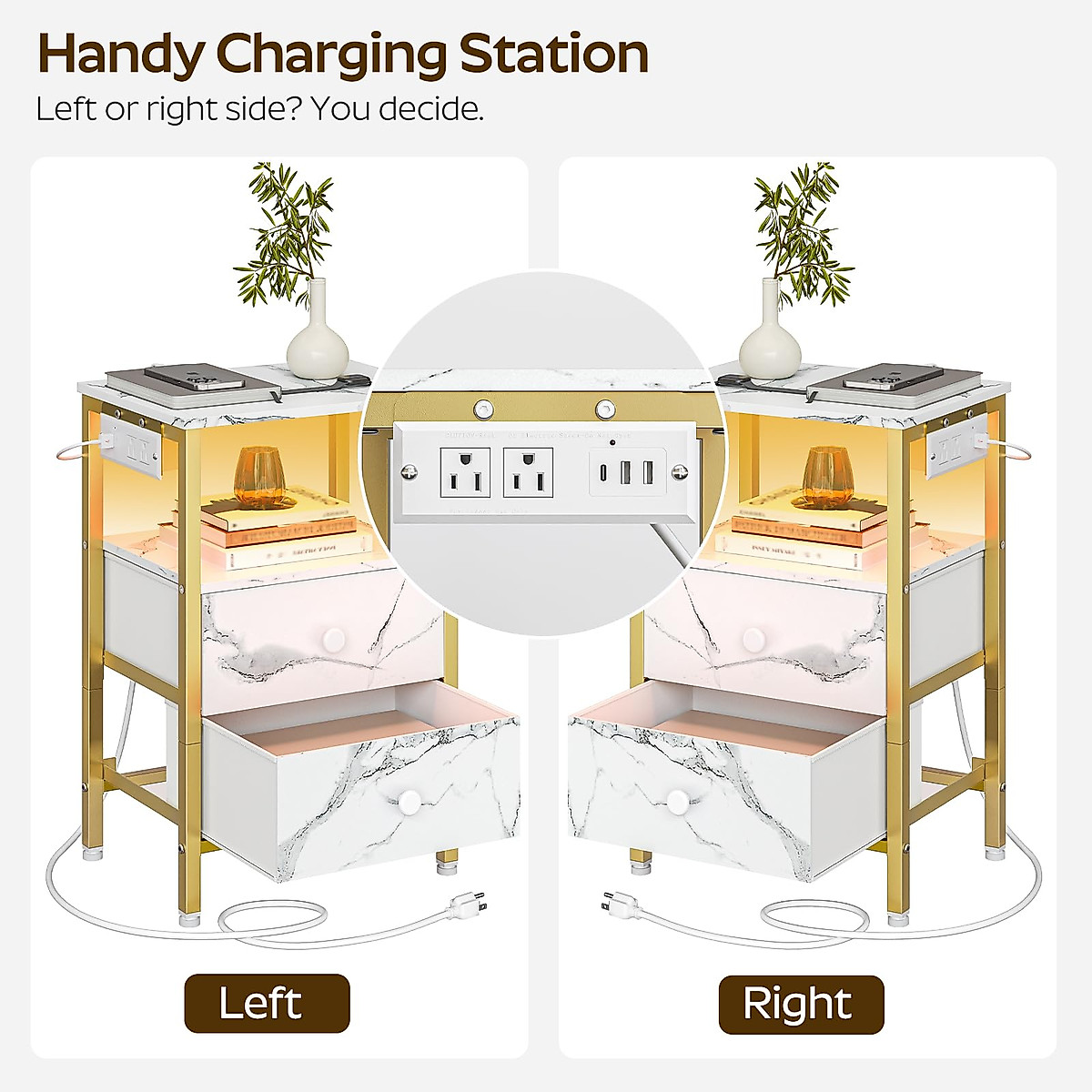 YATINEY Nightstands Set of 2 with Charging Station, End Table with LED Lights and Lazy Susan Organizer, Rotating Spice Rack, 2 Tier Spice Turntable Organizer ET12L2DM-SR22DW