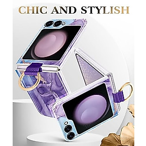 Vowodu Marble Case for Samsung Galaxy Z Flip 5 Case with Ring, [Precise Camera Protection]+[1*Screen Protector], Wireless Charging Anti-Scratch Shockproof Case for Z Flip 5 5G (Blue Purple)