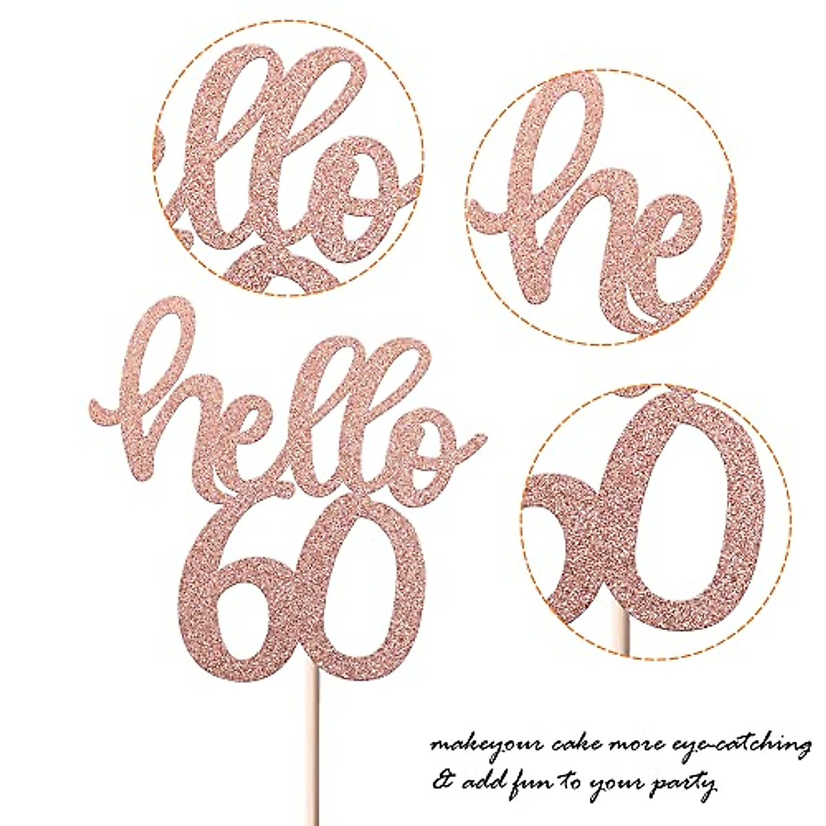 1 Pack Hello 60 Cake Topper Glitter 60th Birthday Cake Pick Sixty Years Old Cheers to 60 Years Cake Decoration for Happy 60th Birthday Wedding Anniversary Cake Decorations Party Supplies Rose Gold