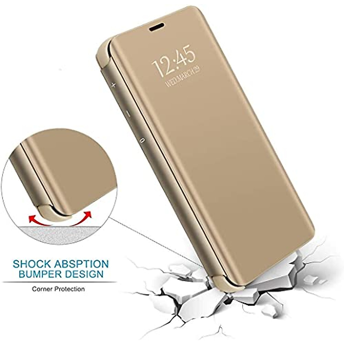 CCasualL Compatible for Oppo Reno2 Z Case 6.53 inch Electroplating Mirror Design Bracket Clear Vision Flip-Book Style Mirror Makeup PU Shockproof Protective Cover-Gold