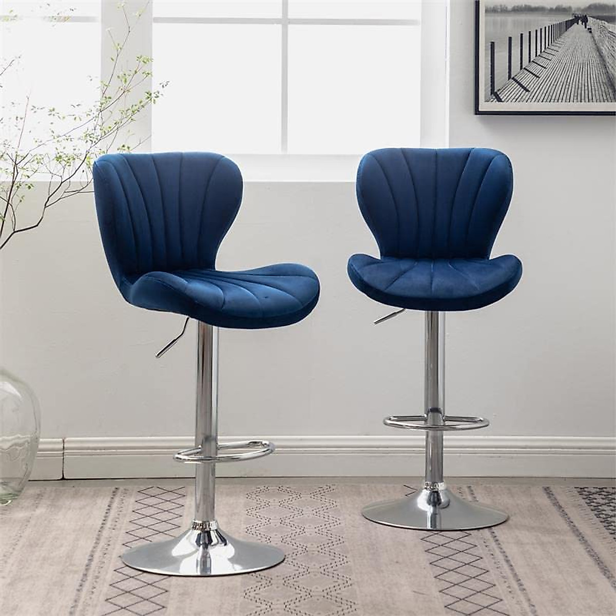 Roundhill Furniture Ellston Velvet Adjustable Swivel Barstools in Blue, Set of 2