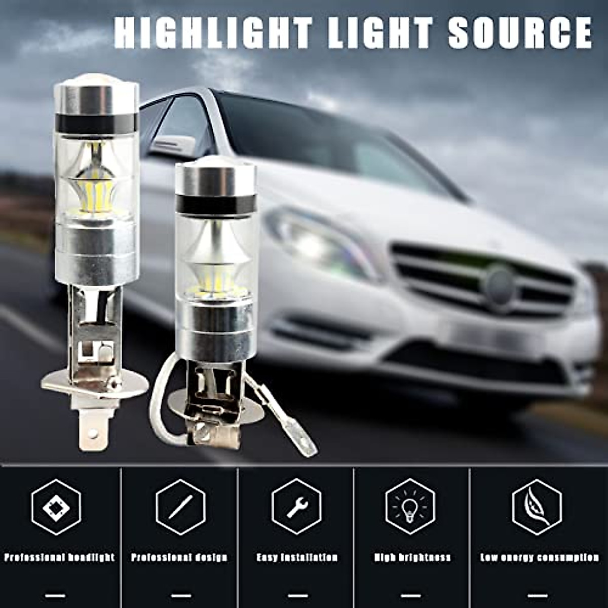 cueclue Pack-2 H1 LED Car Fog Light Bulb, 12V 100W High and Low Beam, 7500K 360° Beams Car Headlight for Most Cars SUVs Trucks (White)