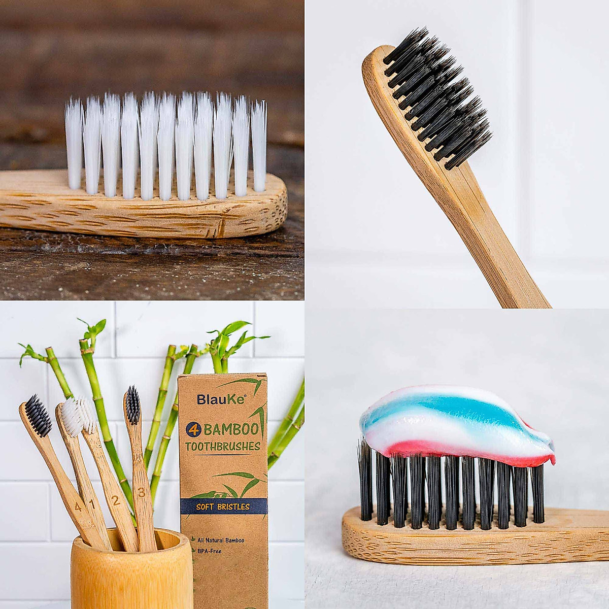 BlauKe Bamboo Toothbrushes Soft Bristles 4-Pack – Biodegradable, Sustainable, Natural, Eco-Friendly – Black Charcoal Wooden Toothbrushes
