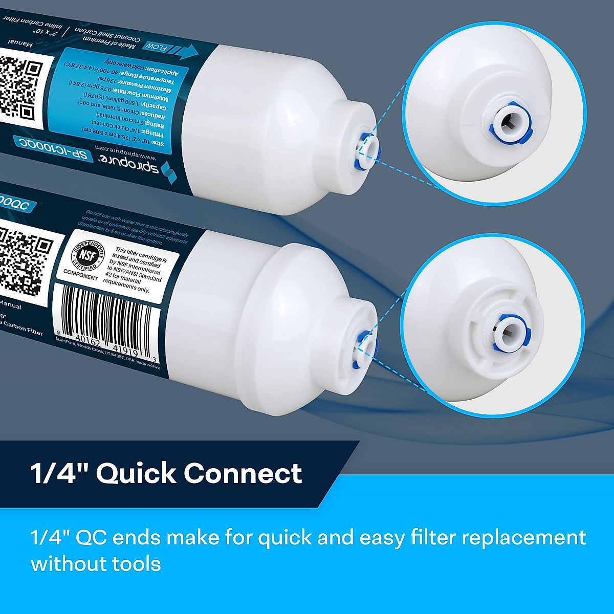 SpiroPure Inline Filter NSF Coconut Shell Granular Carbon Water Filter with 1/4" Quick-Connect, 2" x 10" (1 Pack)