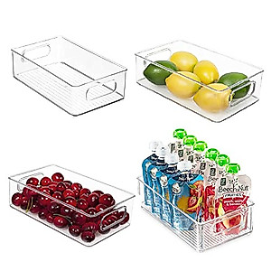 Ikaufen 4 Pack Stackable Refrigerator Organizer Bins, BPA Free Plastic Kitchen Storage Container Bins with Handles for Clear Organizer in Pantry, Cabinet, Refrigerator,Freezer Shelves,Drawer