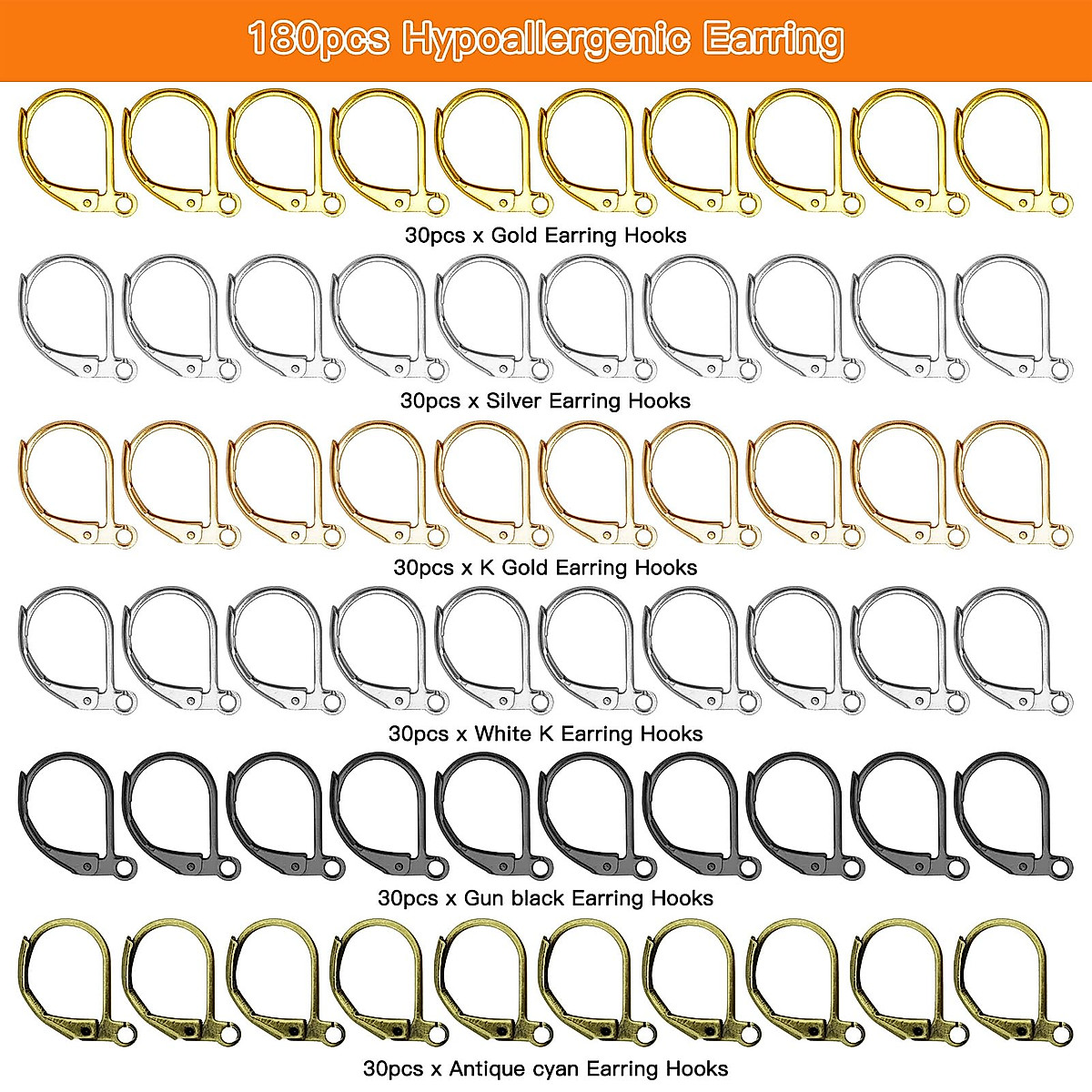 180pcs Hypoallergenic French Earring Hooks Lever Back Earrings French Hook Ear Wire Leverback Earwires Earring Supplies Findings for DIY Jewelry Making(6 Colors)