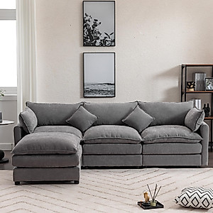 Comfy Cloud Couches for Living Room, 24.8" Extra Deep Modular Sectional Sofa with Ottoman Fluffy Chenille Modern Sofas Upholstered Comfortable L-Shaped Couch for Apartment Lounge Furniture Set (Grey)