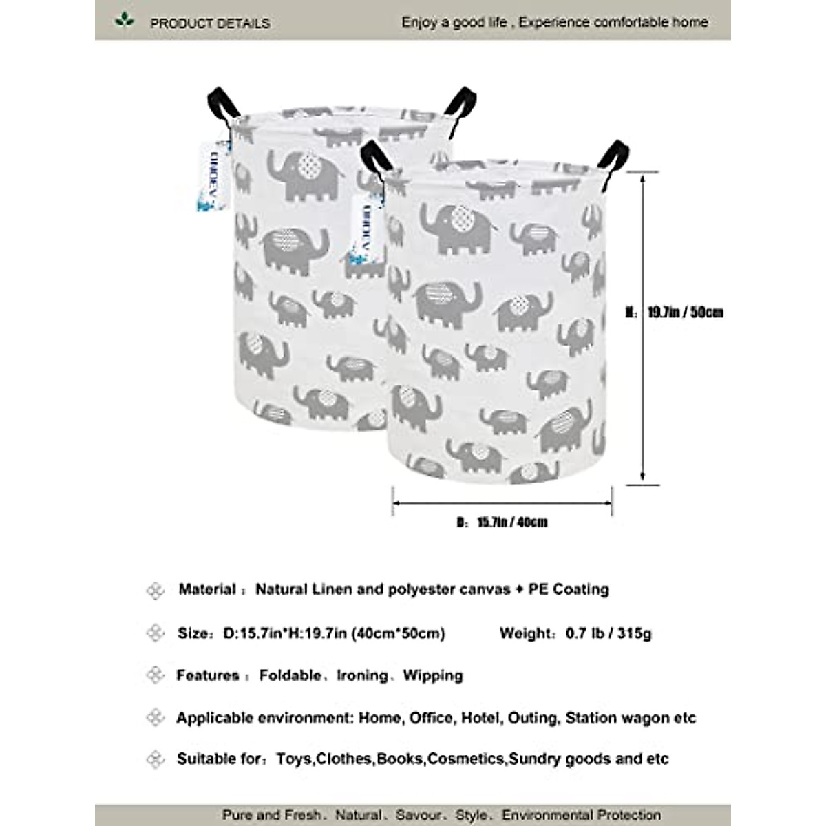 ONOEV 2 Pack Round Fabric Storage Bin,Decorative Basket,Organizer Basket with Handles,for Clothes Storage,books and sundries (2 Pack grey elephant)