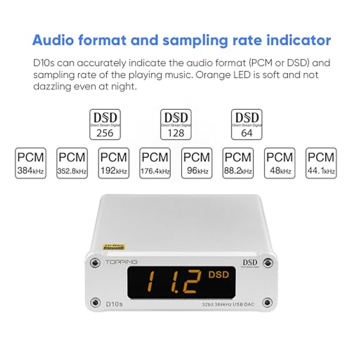 Topping D10s DAC HiFi USB DAC XU208 ES9038Q2M DSD256 384kHz USB Input Coax/Opt/RCA Output Mini Desktop Audio Decoder (Silver)
