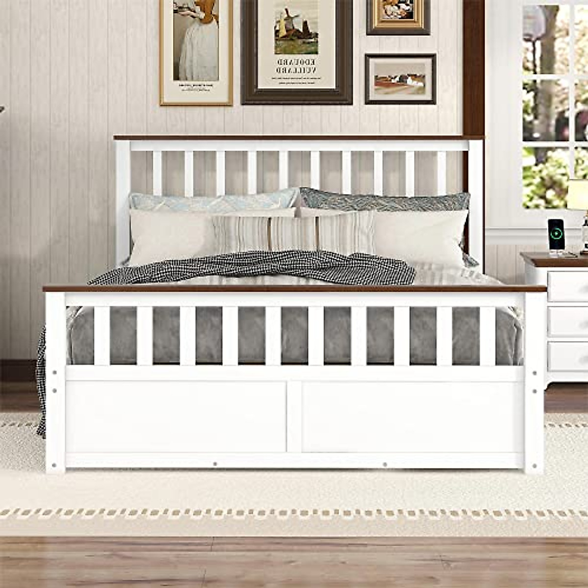 Harper & Bright Designs Queen Bed with 2 Storage Drawers, Solid Wood Queen Size Platform Bed with Headboard and Footboard, Queen Storage Bed Frame for Teens, Adults,White+Walnut