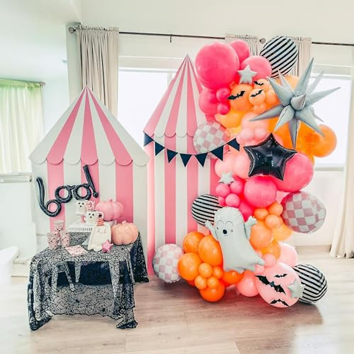 Jobkoo Halloween Balloon Arch BOO Halloween Decor Ghost Star Foil Balloons Pink Orange Latex Balloon Garland Kit 3D Bat Sticker for Kids Happy Halloween Themed Baby Shower Birthday Party Decoration