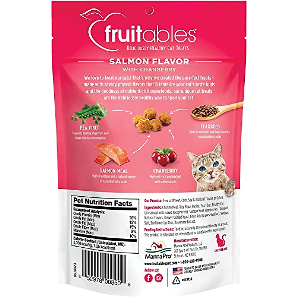 Fruitables Cat Crunchy Treats For Cats – Healthy Low Calorie Packed with Protein – Free of Wheat, Corn and Soy – Made with Real Salmon with Cranberry – 2.5 Ounces