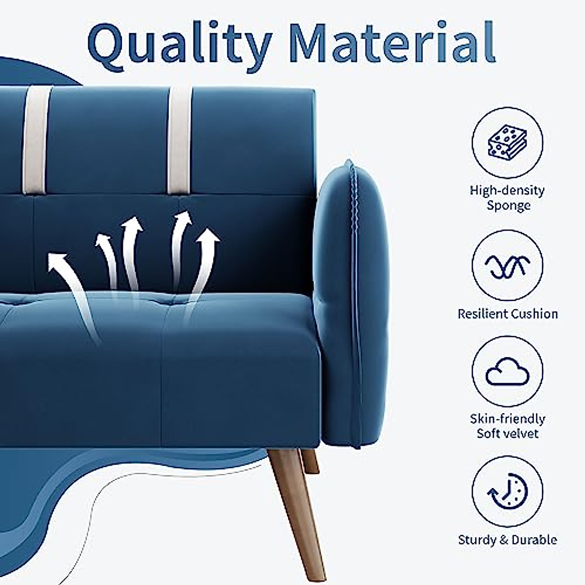 Shintenchi 79" Futon Sofa Bed, Small Modern Loveseat Sofa Velvet 2-Seat Sofa Couch Foldable Couch Convertible Loveseat w/Adjustable Armrests Backrest for Living Room Small Space Deep Blue