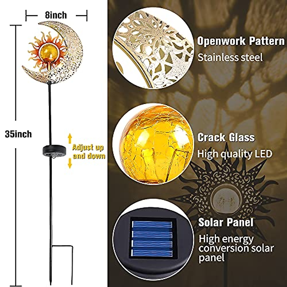 Klmnduo Garden Solar Lights Pathway Outdoor Decorative, Sun & Moon Cracked Glass Globe Metal Lights Solar Powered Waterproof Decorative Stakes for Lawn,Patio or Courtyard