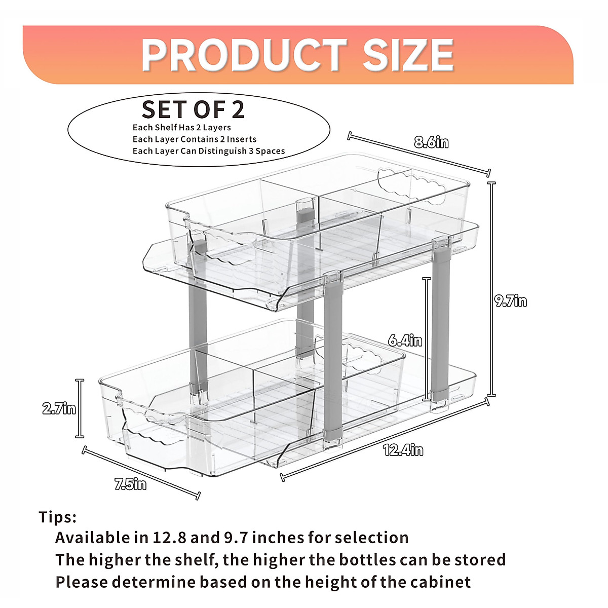 2 Set 2 Tier Clear Bathroom Organizers and Storage,MultiUse Slide Out Under Sink Organizer and Pull Out Cabinet Organizer for Kitchen, Pantry, Medication Organizer Storage,Vanity Makeup Organization